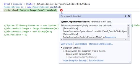 error message when i show image from datagrid view to picture box in c and also when i check my