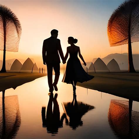 Um casal de mãos dadas e caminhando na frente das árvores ao pôr do sol