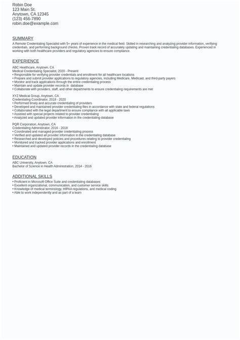 Remote Credentialing Specialist Resume Sample Template Free