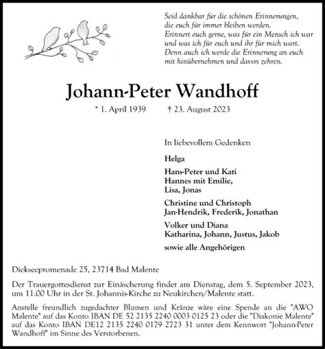 Traueranzeigen Von Johann Peter Wandhoff Trauer Anzeigen De