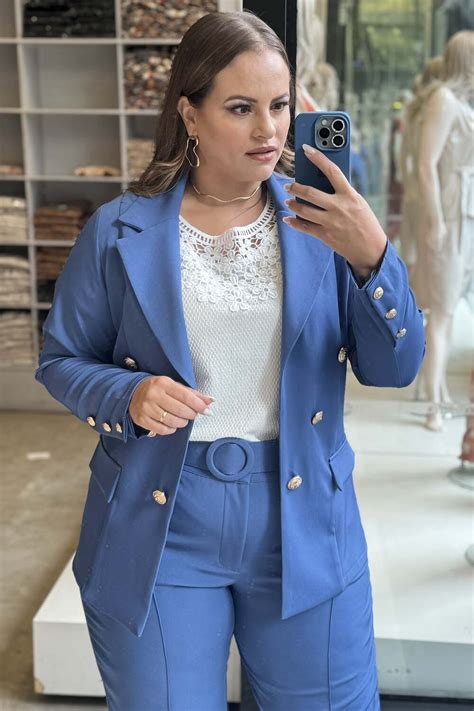 Blazer Plus Size Alfaiataria Azul Vk Moda Plus Size