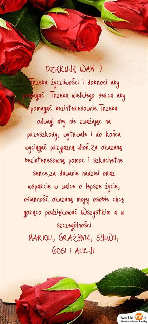 Za okazaną bezinteresowną pomoc i szkachetne serce Darmowe kartki