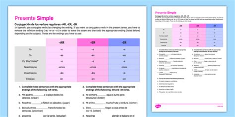 Present Tense Regular AR ER IR Verbs Worksheet Worksheet Worksheet