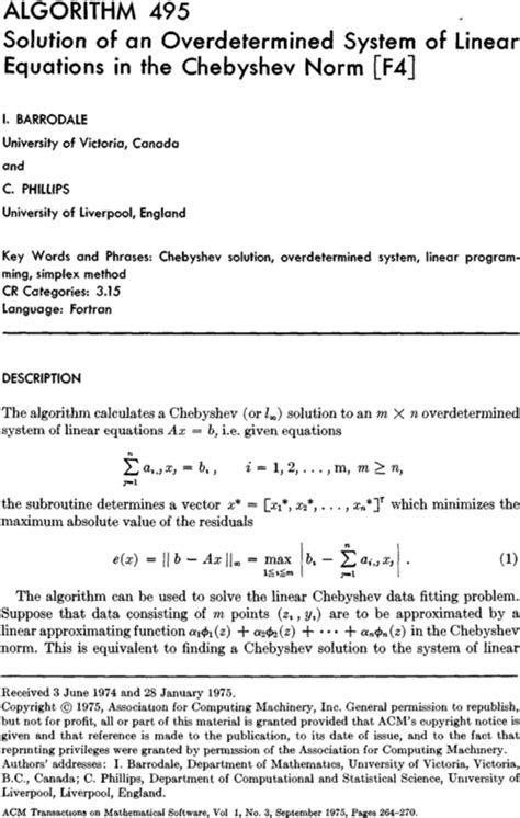 algorithm 495 solution of an overdetermined system of linear equations in the chebychev norm