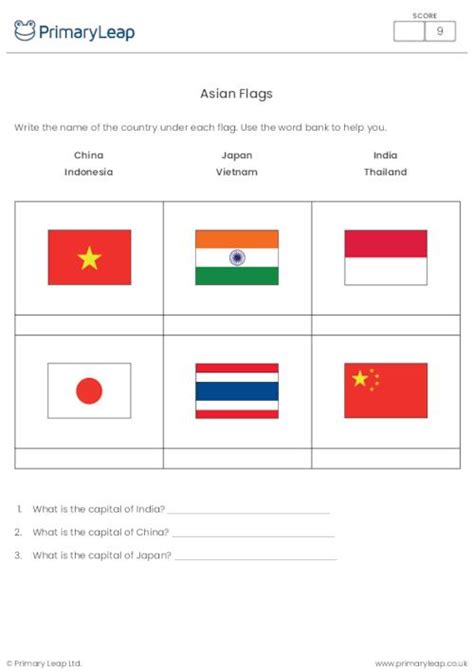 Geography Naming Asian Flags Worksheet PrimaryLeap Co Uk