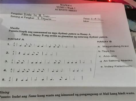 Musika Panuto Itapik Ang Sumusunod Na Mga Rhythmic Pattern Sa Hanay A