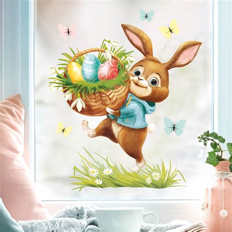 Wiederverwendbares Fensterbild Frühling Ostern Hase mit Eiern im Korb