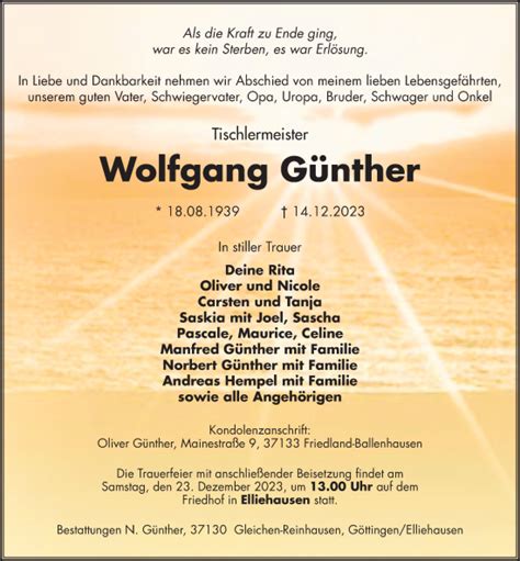 Traueranzeigen von Wolfgang Günther trauer anzeigen de