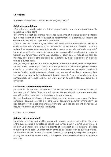 La Religion Cours Philo Terminale La Religion Adresse Mail Desblancs
