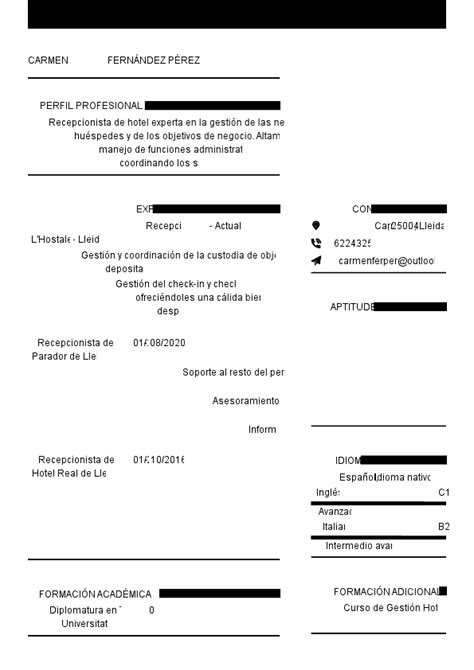 Currículum de recepcionista de hotel ejemplos miCVideal
