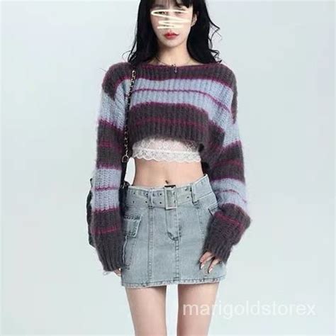 Jual Cod Crop Top Rajut Lengan Panjang Wanita Korea Sweater Atasan
