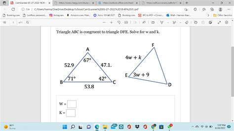 solved triangle abc is congruent to triangle dfe solve for