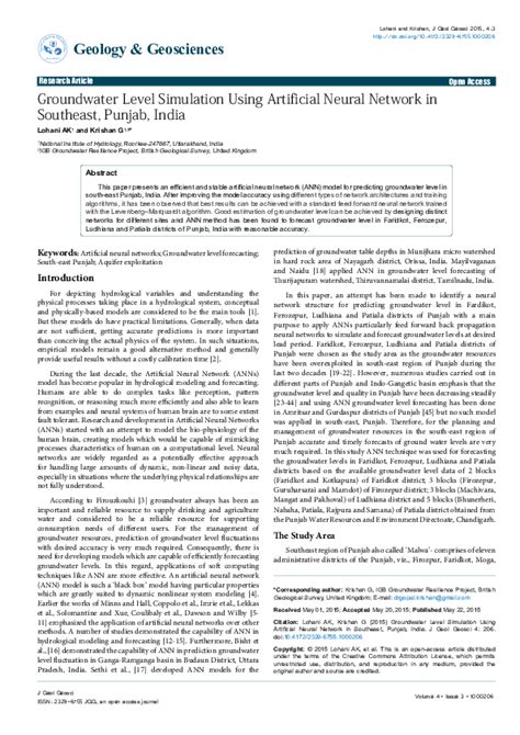 pdf groundwater level simulation using artificial neural network in southeast punjab gopal