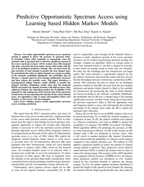 pdf predictive opportunistic spectrum access using learning based hidden markov models