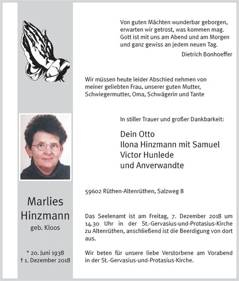 Traueranzeigen Von Marlies Hinzmann Trauer In Nrw De