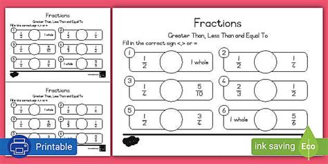 Fractions Worksheets For Grade Greater Than Less Than