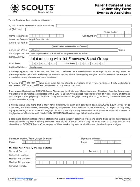 Fillable Online Parent Consent And Indemnity Form Events Activities