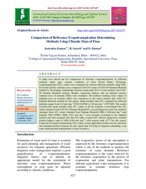 pdf comparison of reference evapotranspiration determining methods using climatic data of pusa