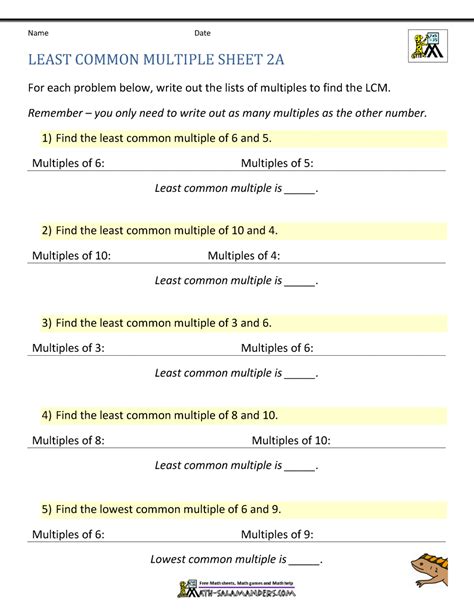 Least Common Multiple Worksheet