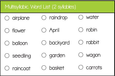 Multisyllabic Word List 2nd Grade