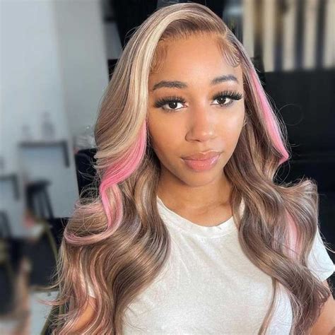 Sulmy Brown Wig With Pink Highlights Real Human Hair Inch
