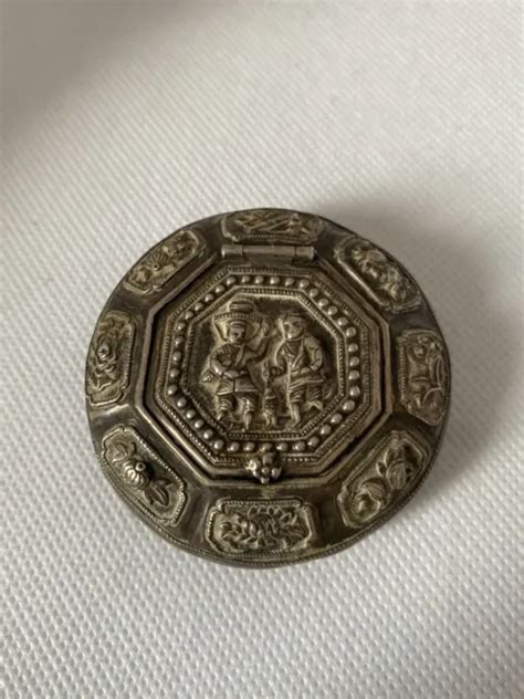 PILULIER BOÎTE ANCIENNE En Argent Massif Asiatique Sterling Pêcheurs