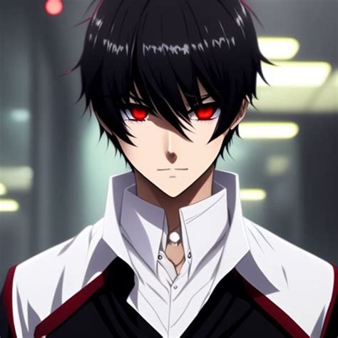Fond Ibex Black Haired Anime Boy With Red Eyes Wearing A White