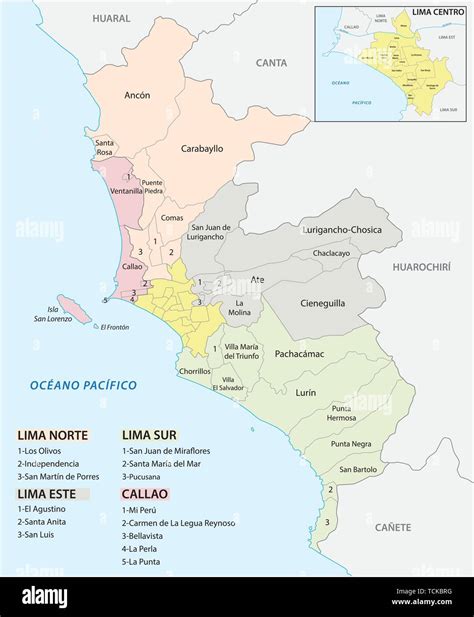 El área metropolitana de Lima mapa político y administrativo en idioma