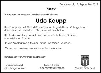 Traueranzeigen von Udo Kopp Schwarzwälder Bote Trauer