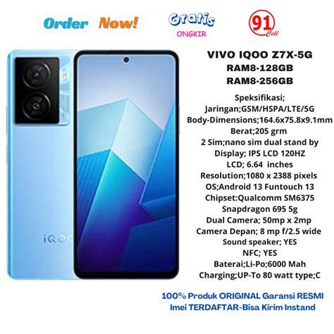 Jual VIVO IQOO Z7X 5G RAM8 256GB RAM8 128GB CHIPSET SNAPDRAGON 695