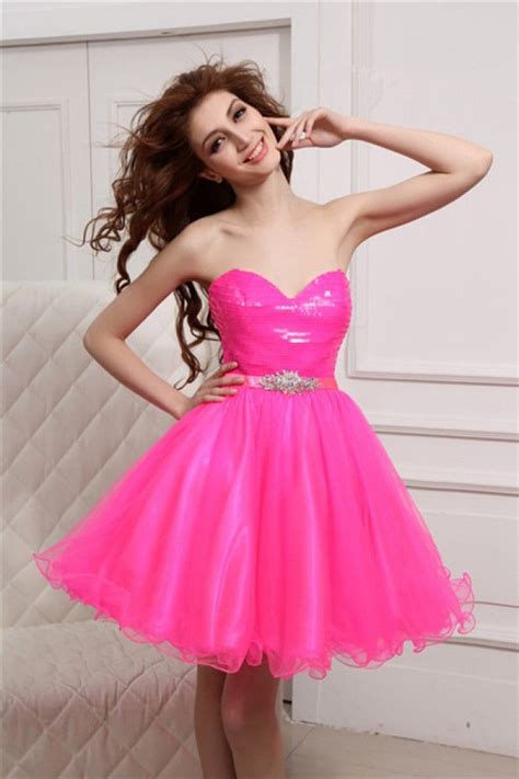 A Line Strapless Short Neon Pink Tulle Beaded Belt Birthday Party Prom Dress Mini Homecoming