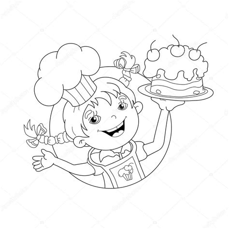 P Gina Para Colorear Esquema De Dibujos Animados Chica Chef Con Pastel