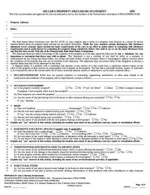 Fillable Online SELLER S PROPERTY DISCLOSURE STATEMENT SPD This Form