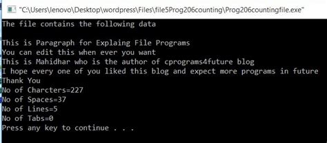 all c programs program 206 to print number of spaces lines characters and tabs in a file