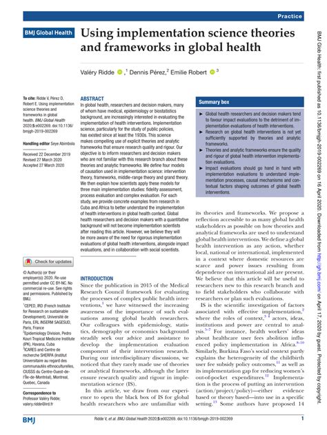 pdf using implementation science theories and frameworks in global health