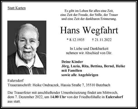 Traueranzeigen Von Hans Wegfahrt Vrm Trauer De