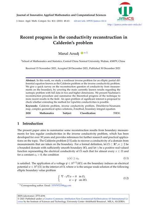 pdf recent progress in the conductivity reconstruction in calderón s problem