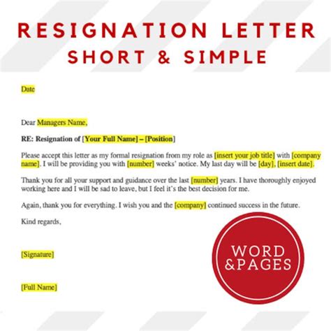Resignation Letter Template Short Simple Professional Resignation