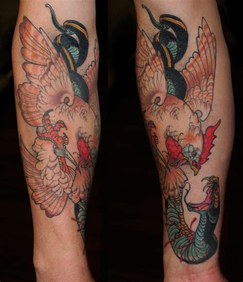 Two Tattoos On Both Legs With Birds And Snake
