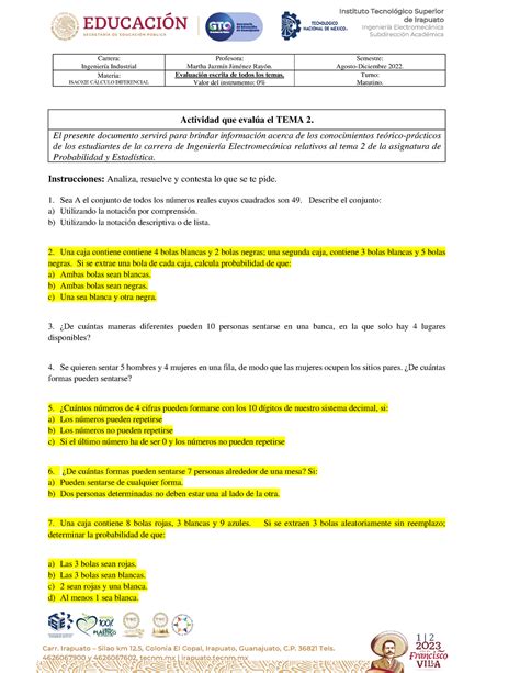 TEMA 2 Examen 1 Ejercicios Instituto Tecnológico Superior de