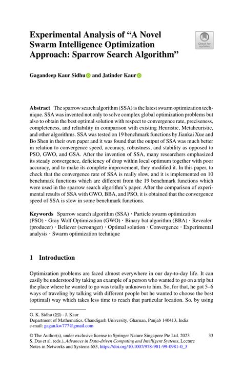 pdf experimental analysis of a novel swarm intelligence optimization approach sparrow search