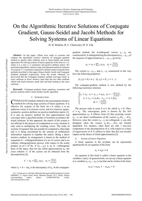 pdf on the algorithmic iterative solutions of conjugate gradient gauss seidel and jacobi