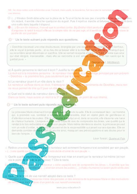 Le narrateur et les différents points de vue 4ème Exercices avec