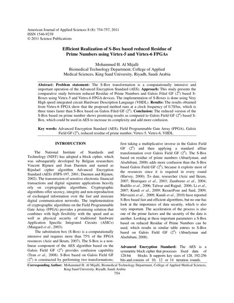 pdf efficient realization of s box based reduced residue of prime numbers using virtex 5 and