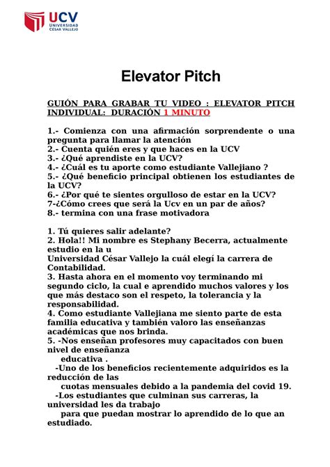 Guion De Elevator Pitch Ejemplos Image To U