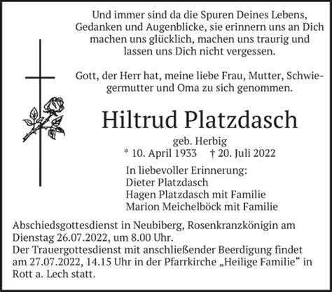 Traueranzeigen Von Hiltrud Platzdasch Trauer Merkur De