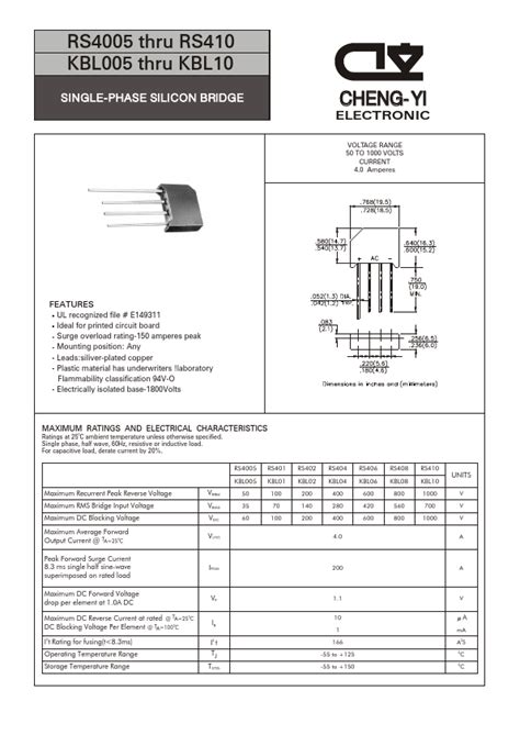 KBL01 Datasheet SINGLE PHASE SILICON BRIDGE