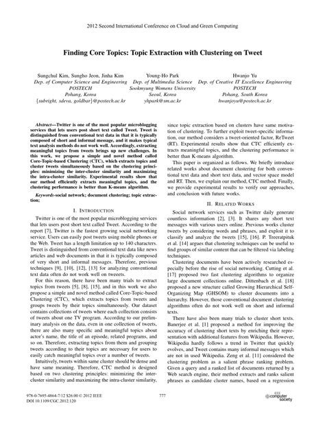 pdf finding core topics topic extraction with clustering on tweet