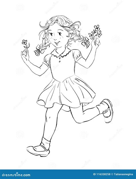 Dessin Noir Et Blanc D Une Petite Fille Heureuse Courant Et Tenant Des