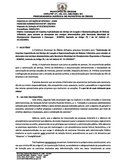 PARECER JURÍDICO Prefeitura Municipal de Óbidos Gestão 2021 2024
